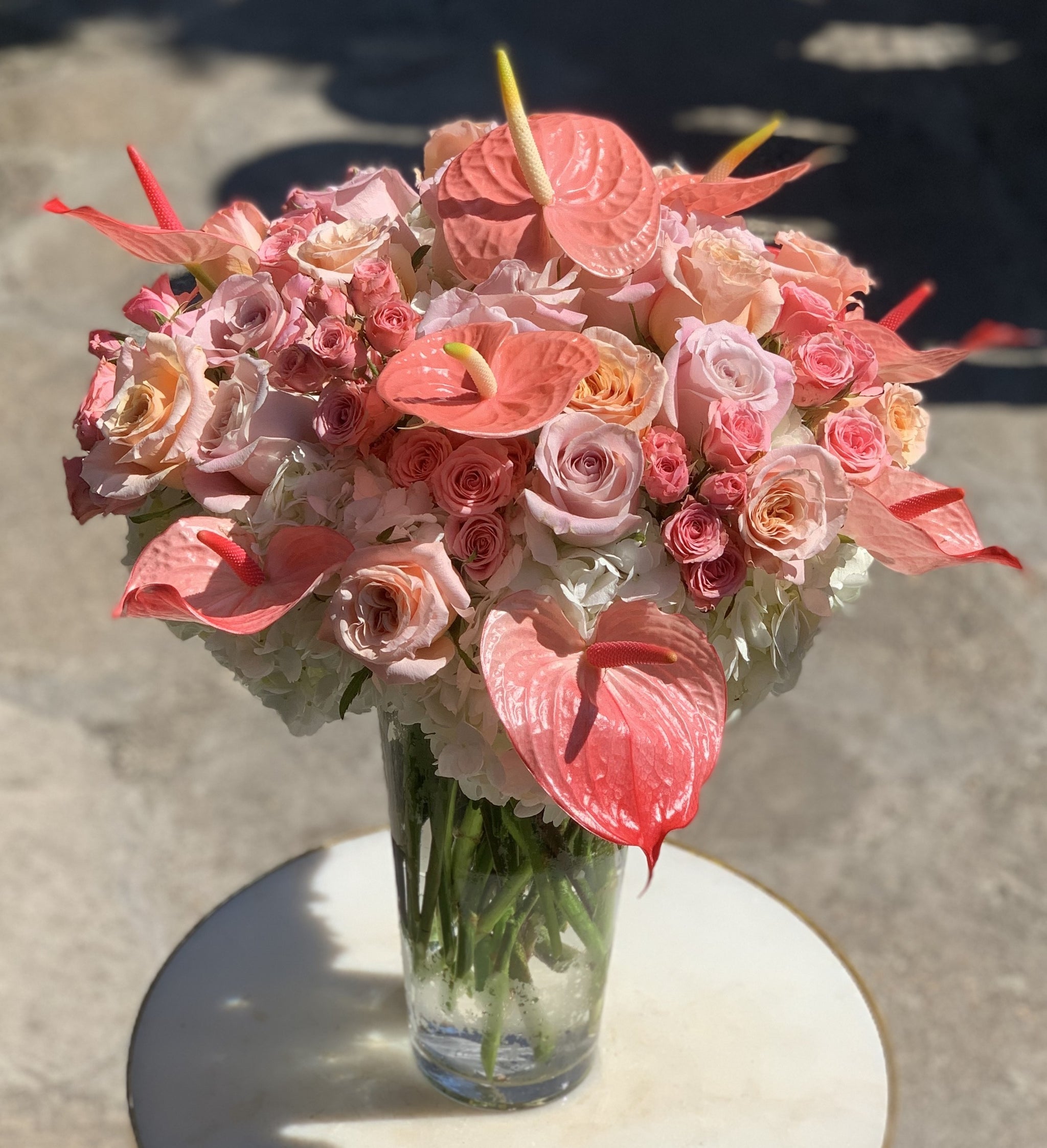 Anthuriums, Roses & Hydrangea | Plants n' Petals Flower Arrangement ...